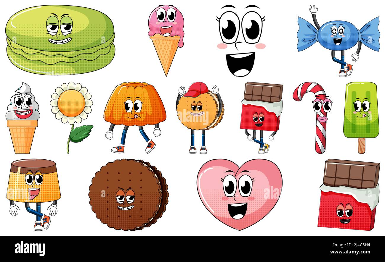 Set of facial expression with vintage style food cartoon on white ...