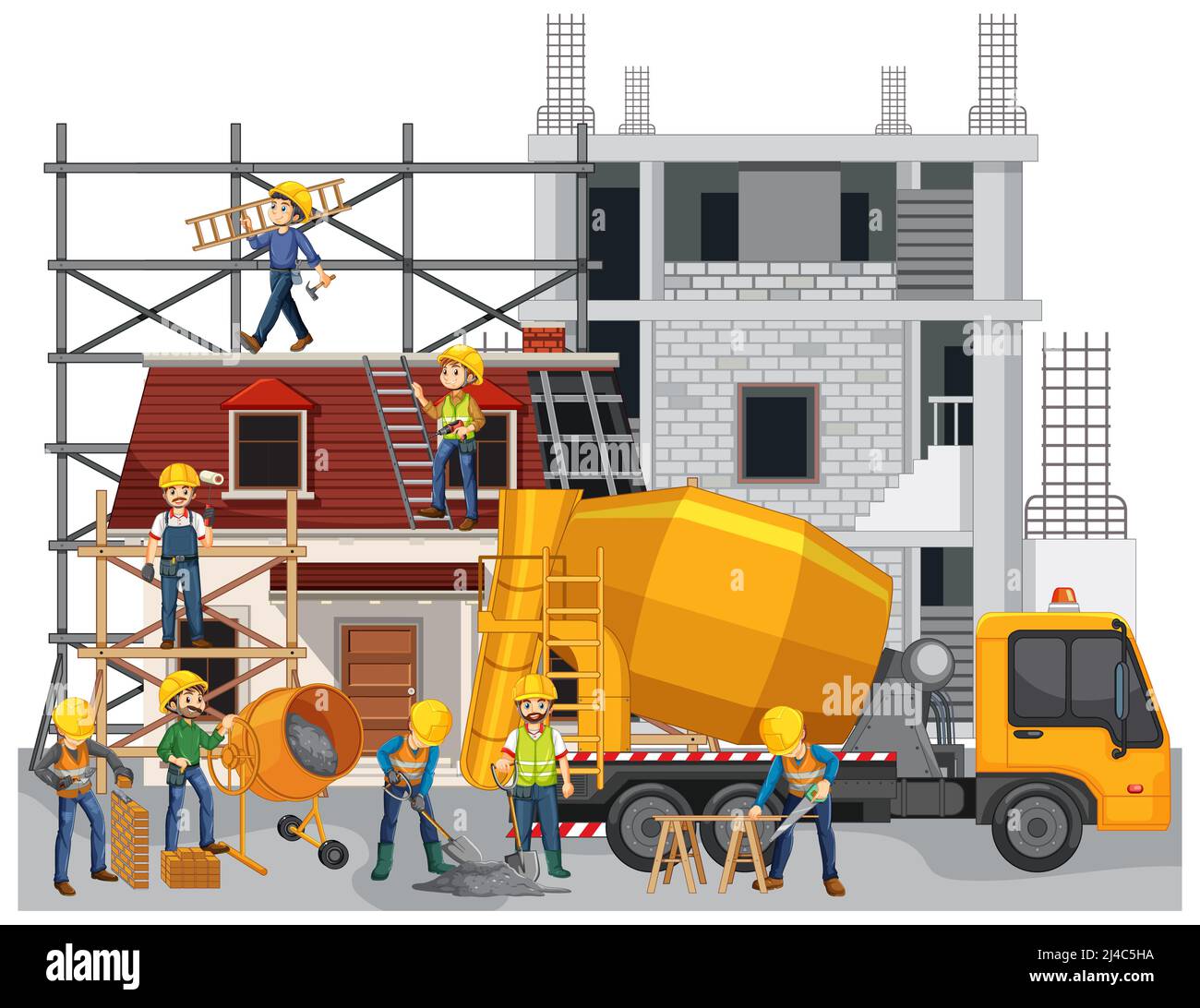 Isolated construction site with workers illustration Stock Photo - Alamy