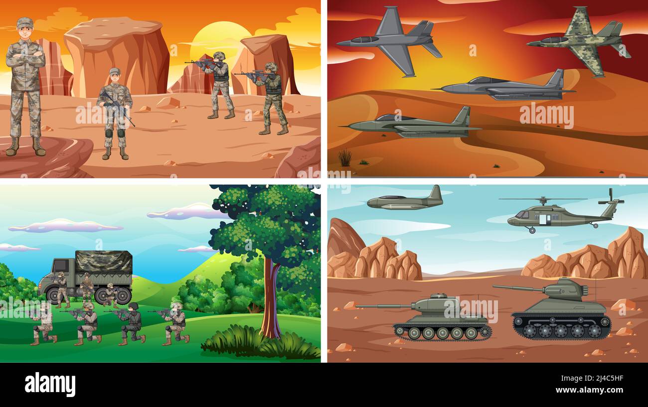 Set of different army war scenes illustration Stock Photo - Alamy