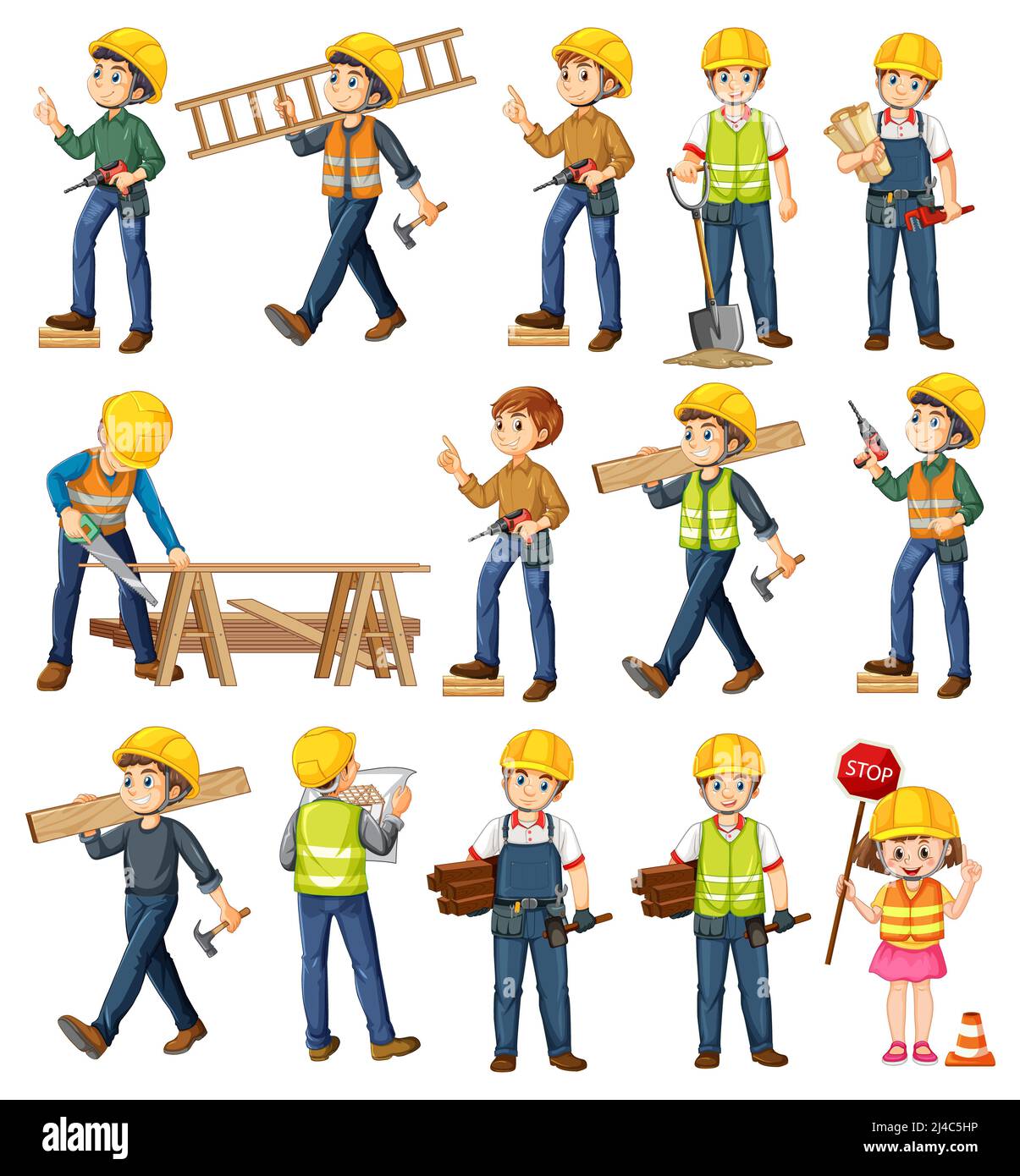 Set of construction site objects and workers illustration Stock Photo ...
