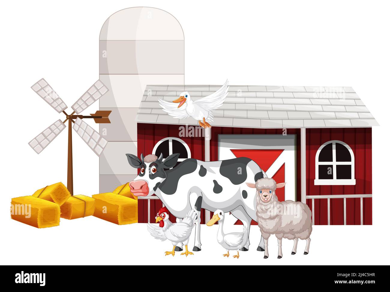 Many farm animals by the barn illustration Stock Photo - Alamy