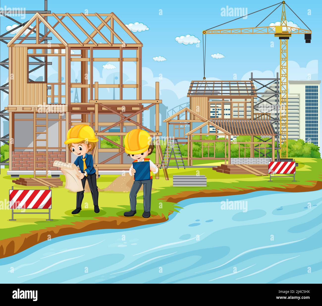 Building construction site and workers illustration Stock Photo - Alamy