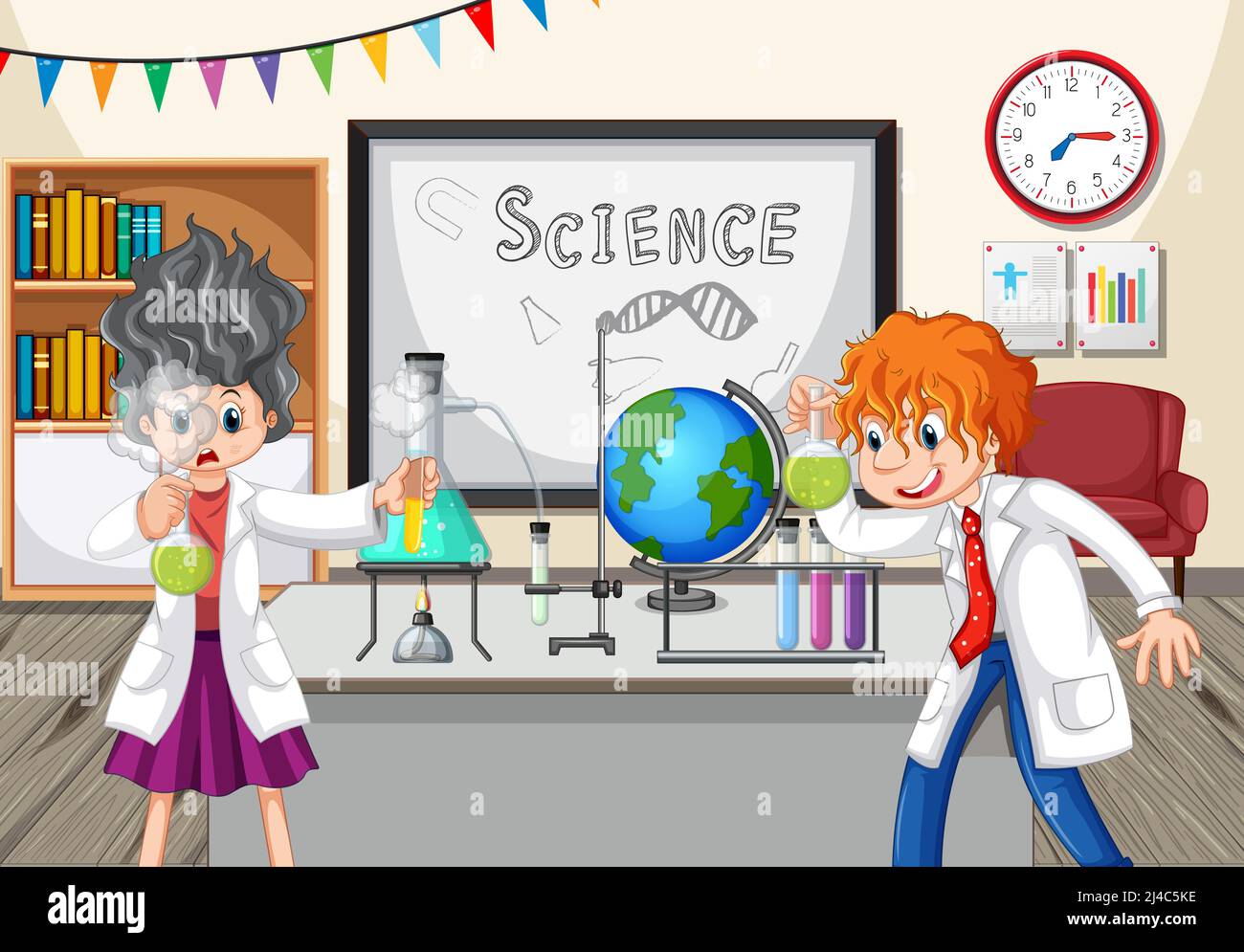 Classroom scene with scientist doing experiment illustration Stock ...