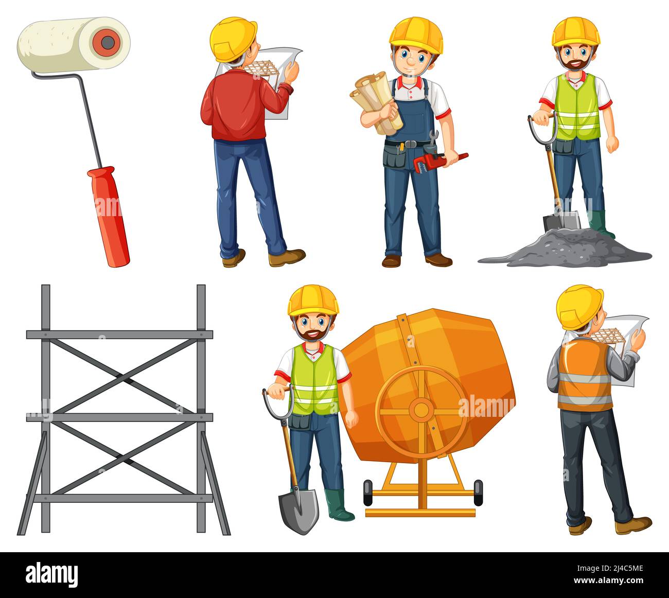 Set of construction site objects and workers illustration Stock Photo ...