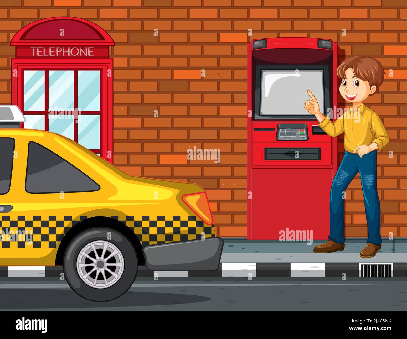 ATM on street scene with a man withdraw money illustration Stock Photo ...