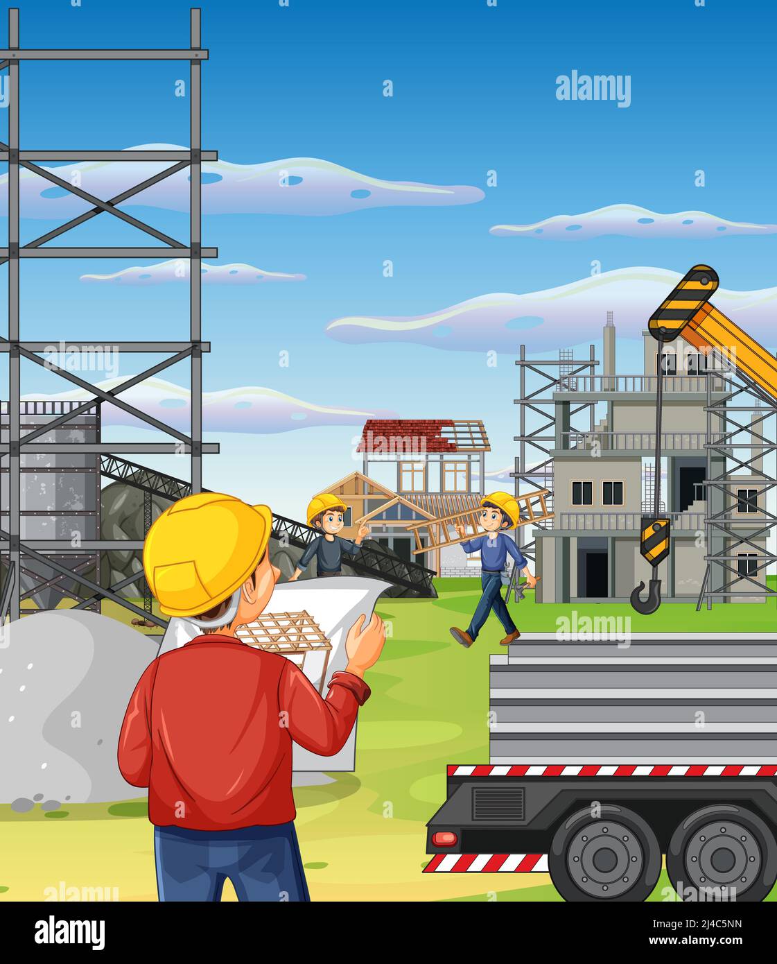 Building construction site with workers illustration Stock Photo - Alamy
