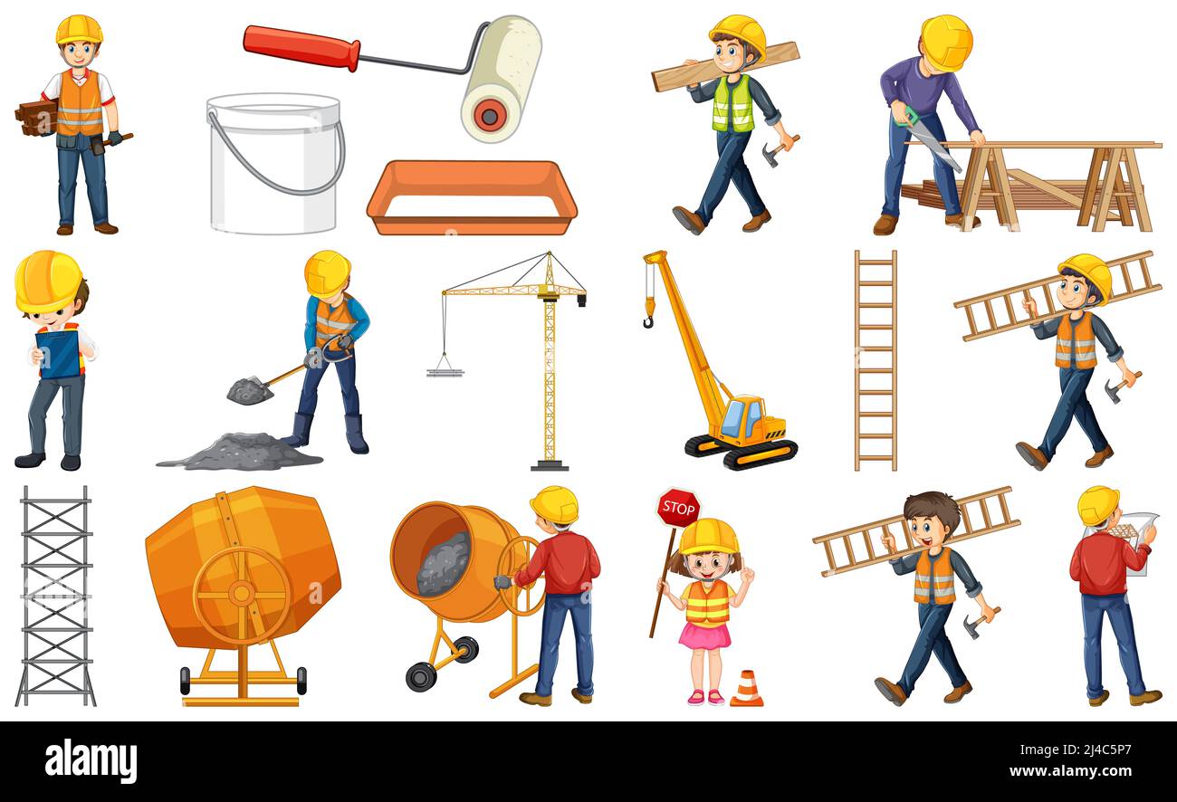 Set of construction site objects and workers illustration Stock Photo ...