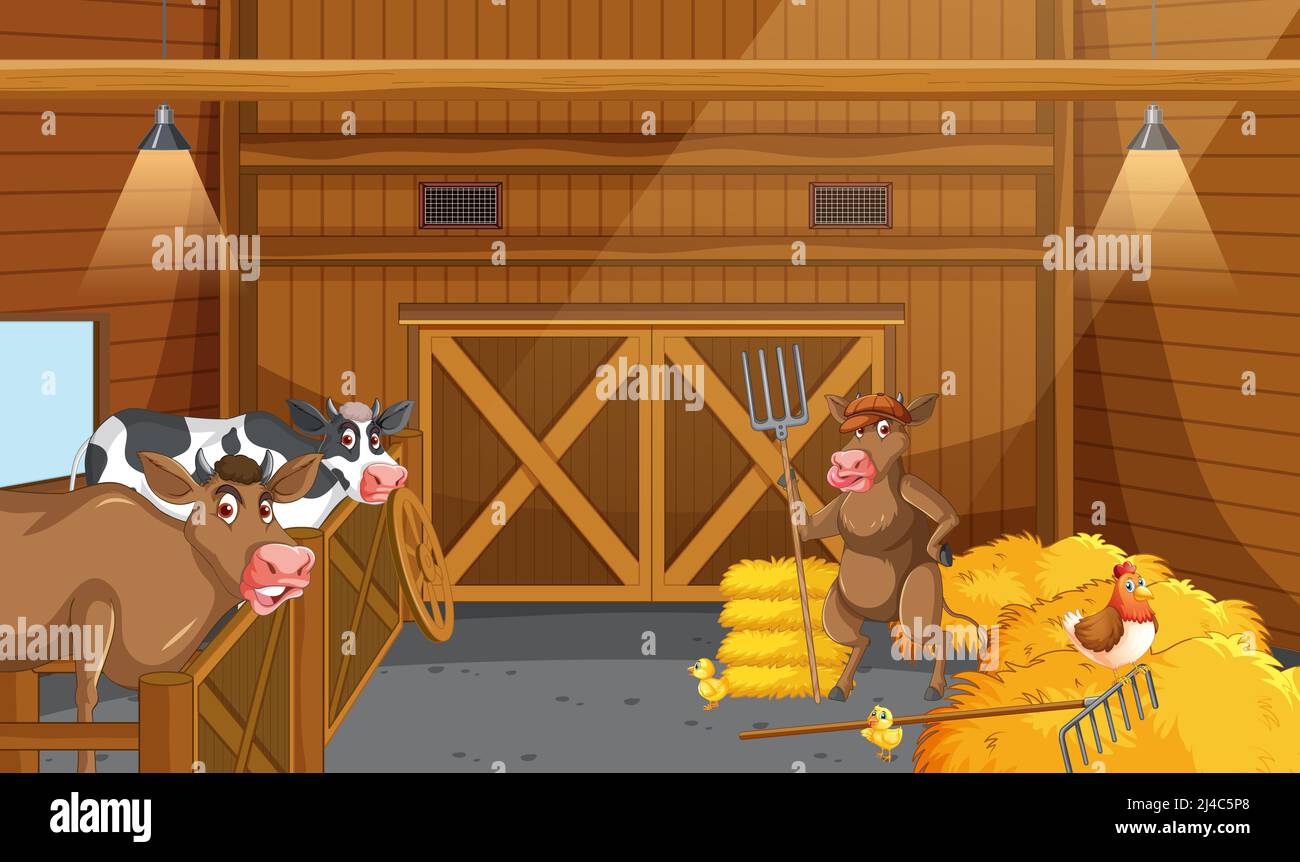 Stable scene with cows and chicken inside illustration Stock Photo - Alamy