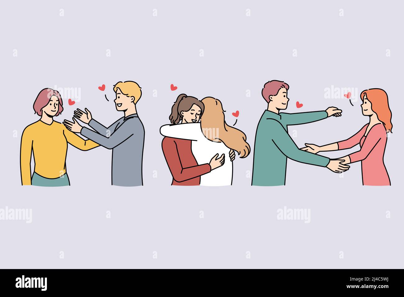 Happy young people hugging meeting together greeting each other ...