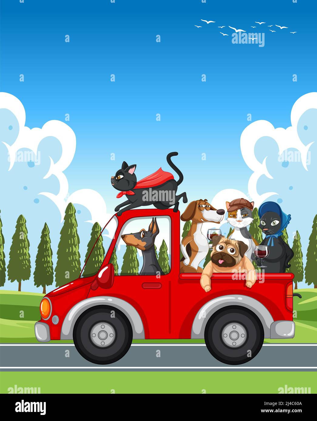 Dogs and cats driving a car on nature landscape illustration Stock ...