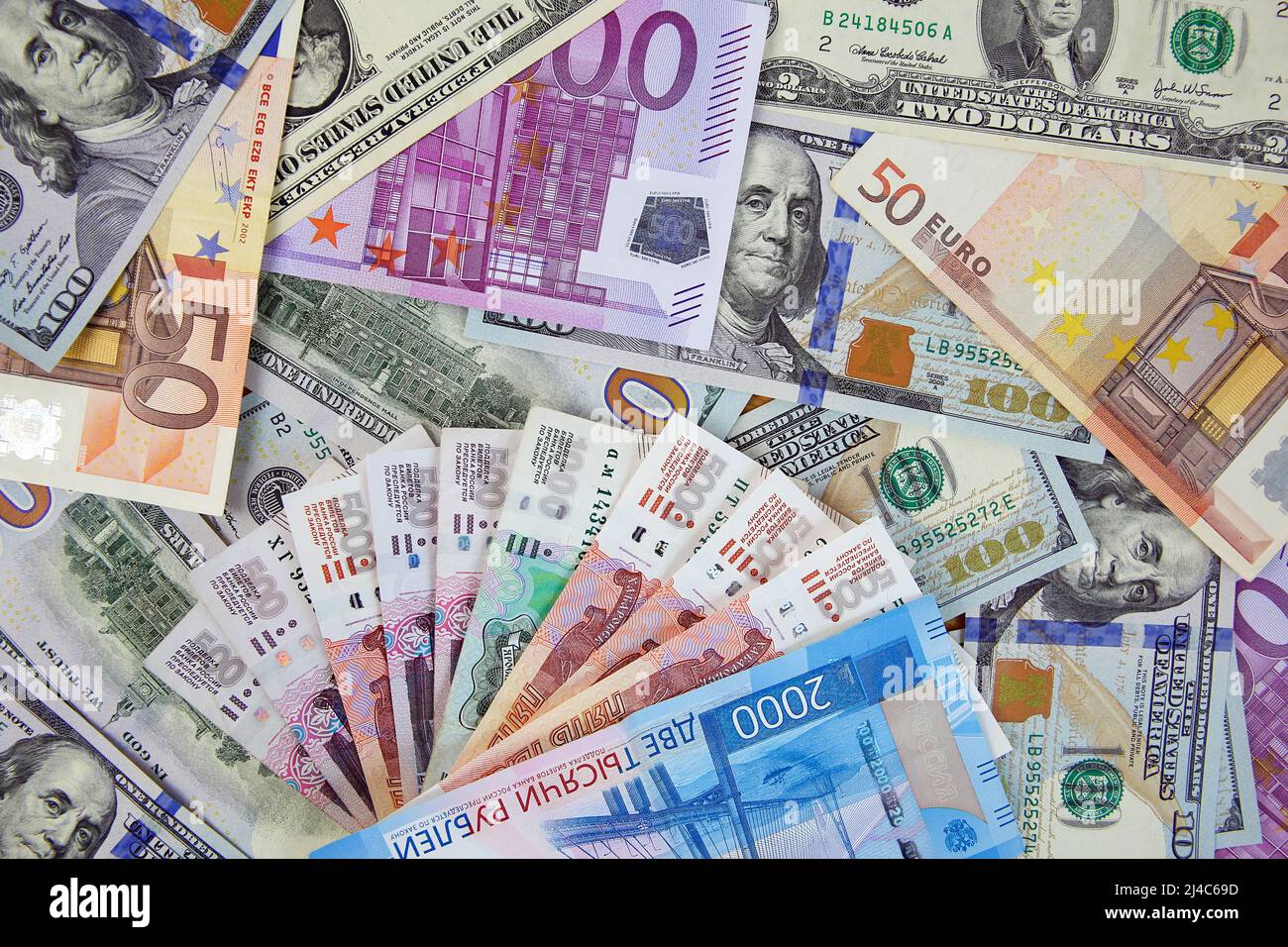 Money from different countries: dollars, euros, rubles. Top view Stock ...