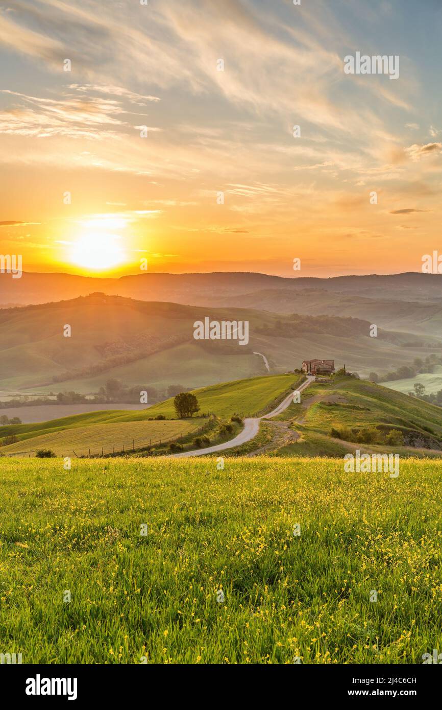 Dirt road to the farm in a dawn landscape at sunrise Stock Photo - Alamy