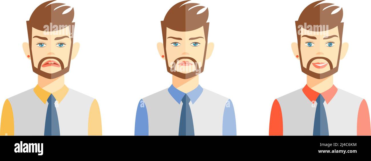 Vector illustrations of young bearded man expressing different emotions ...