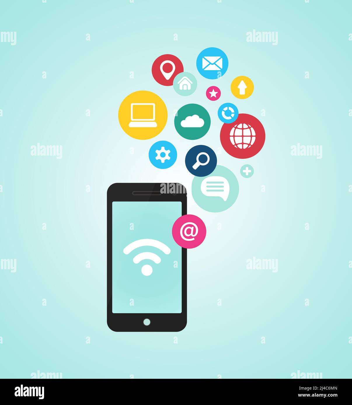 vector smartphone device concept with applications (app) icons in flat ...