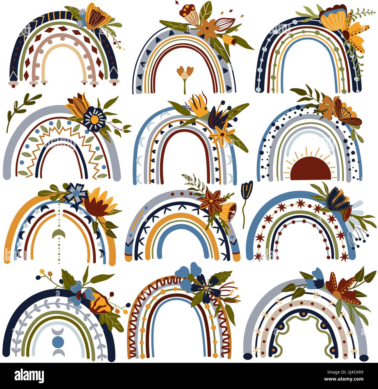 Boho rainbows with bouquets of wildflowers, leaves. Bohemian rainbows ...