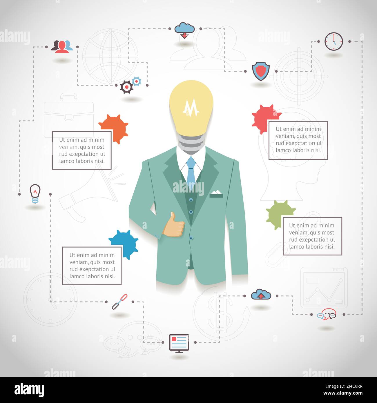 Vector SEO Infographic with man in suit with light bulb head and text ...