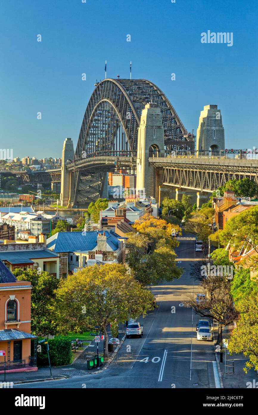 Sydney Harbour Bridge and Lower Fort Street in the Rocks, Sydney, NSW ...