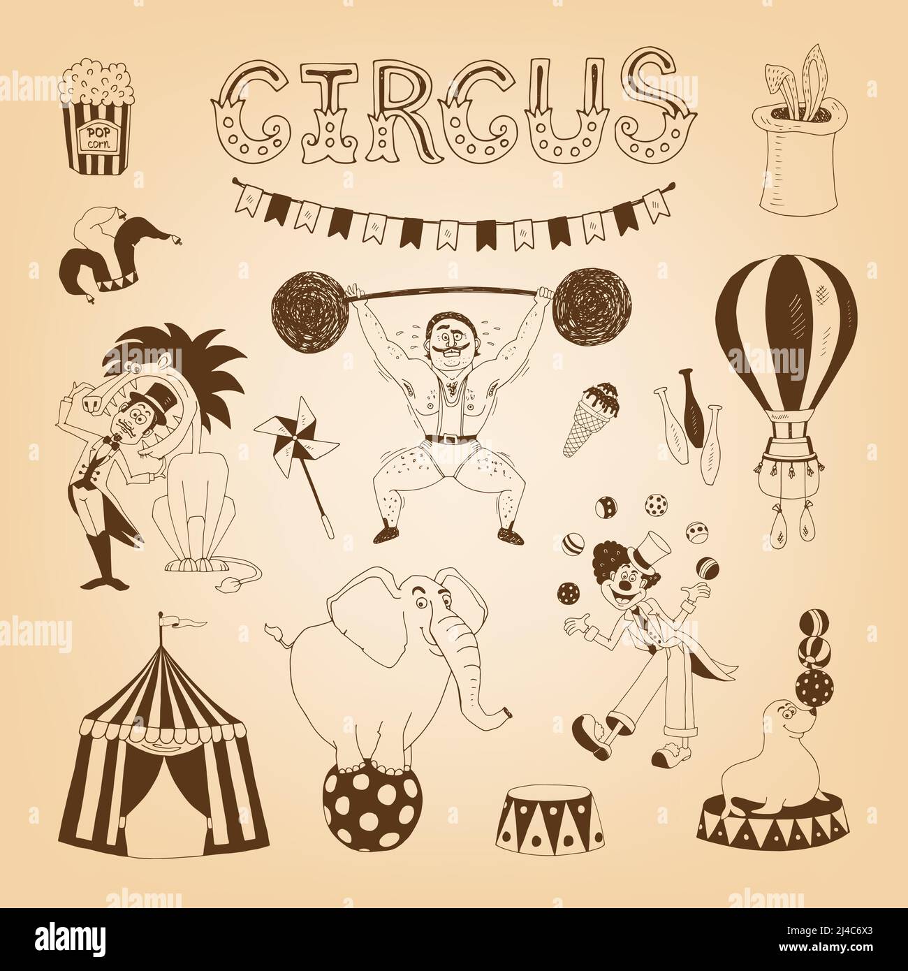 vintage circus elements for poster design with elephant and lion tamer ...