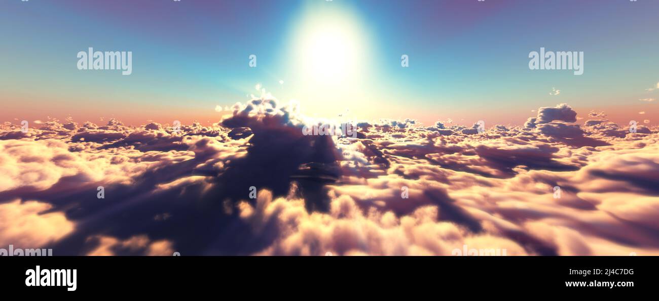 above clouds fly sunset sun ray illustration, 3d render Stock Photo - Alamy