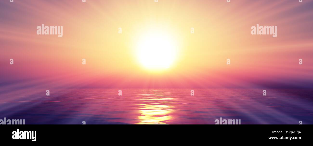 sunset sea sun ray clear sky, 3d rendering illustration Stock Photo - Alamy
