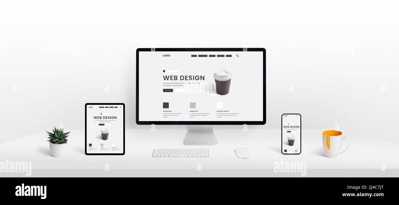 Responsive web page layout on computer, tablet and smart phone display ...