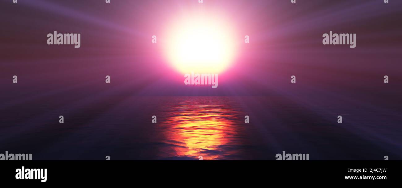 sunset sea sun ray clear sky, 3d rendering illustration Stock Photo - Alamy