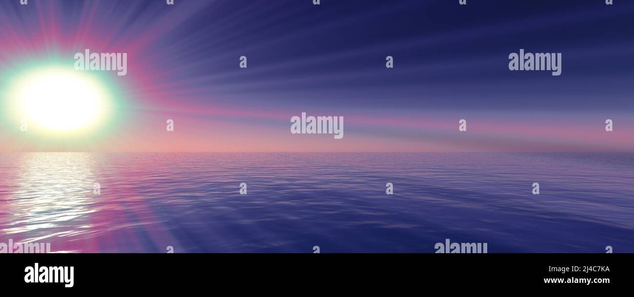 sunset sea sun ray clear sky, 3d rendering illustration Stock Photo - Alamy