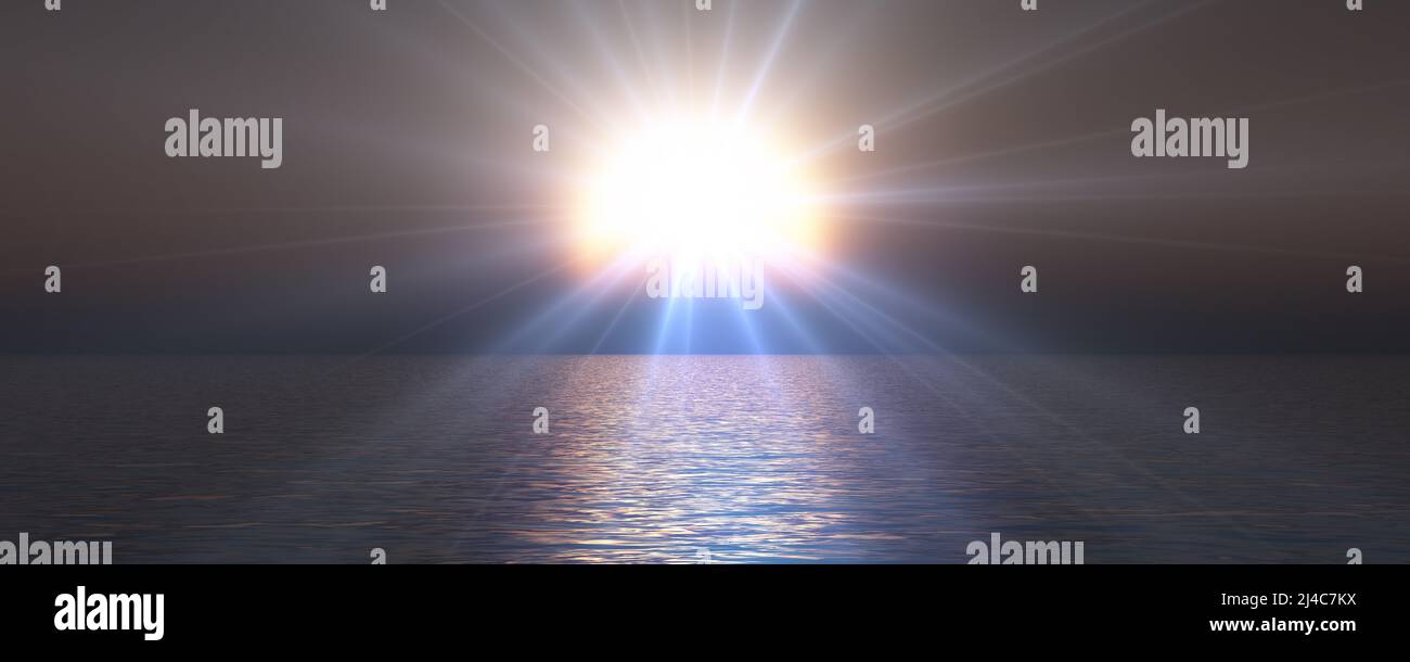 sunset sea sun ray clear sky, 3d rendering illustration Stock Photo - Alamy