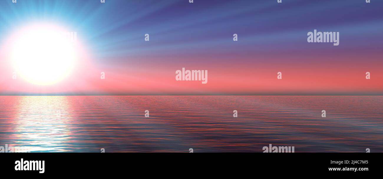 sunset sea sun ray clear sky, 3d rendering illustration Stock Photo - Alamy