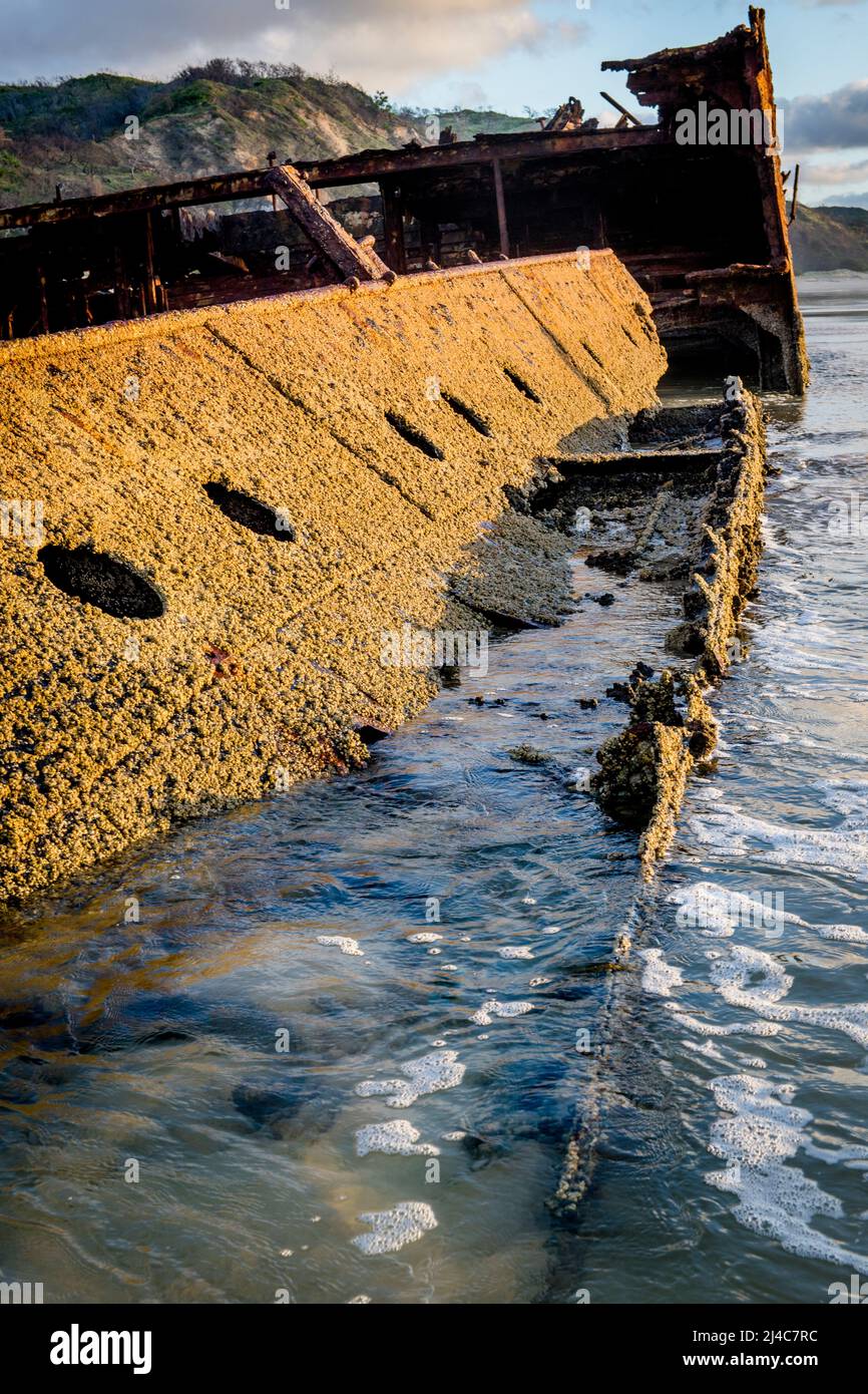 Maheno shipwreck, a section of its starboard side collapsed on itself ...