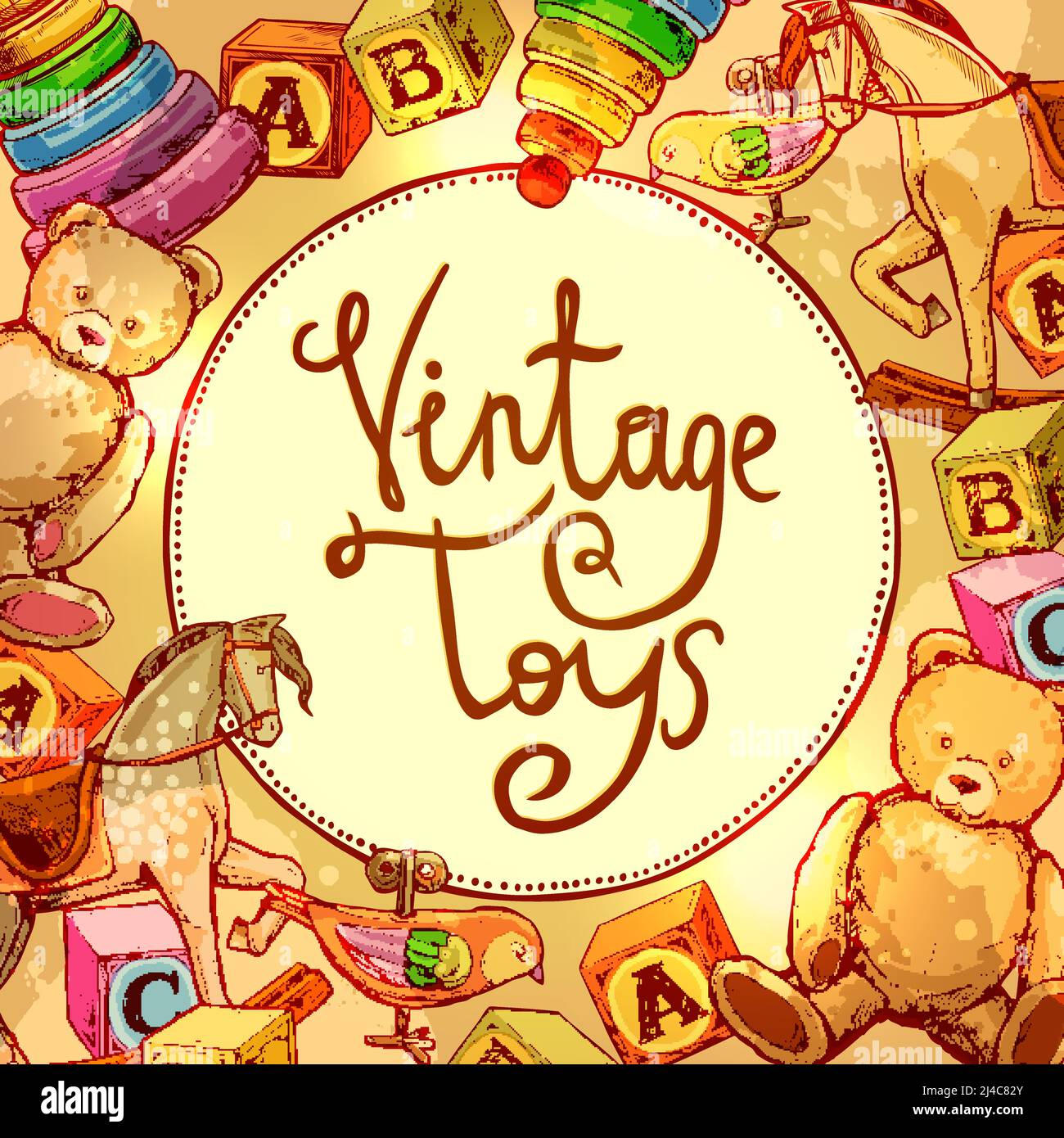 Vintage Toys Composition With Old Style Blocks And Clockwork Bird Vector Illustration Stock