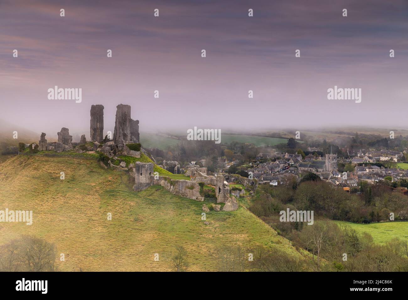 Corfe Castle, UK, 14th April 2022. The view of Corfe Castle and the ...