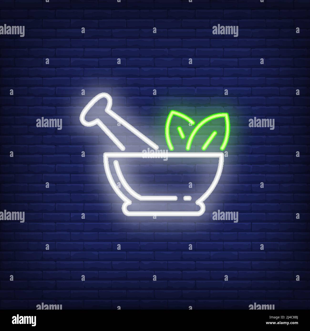 Mortar, pestle and leaves neon sign. Medicine, herbal pharmacy and ...