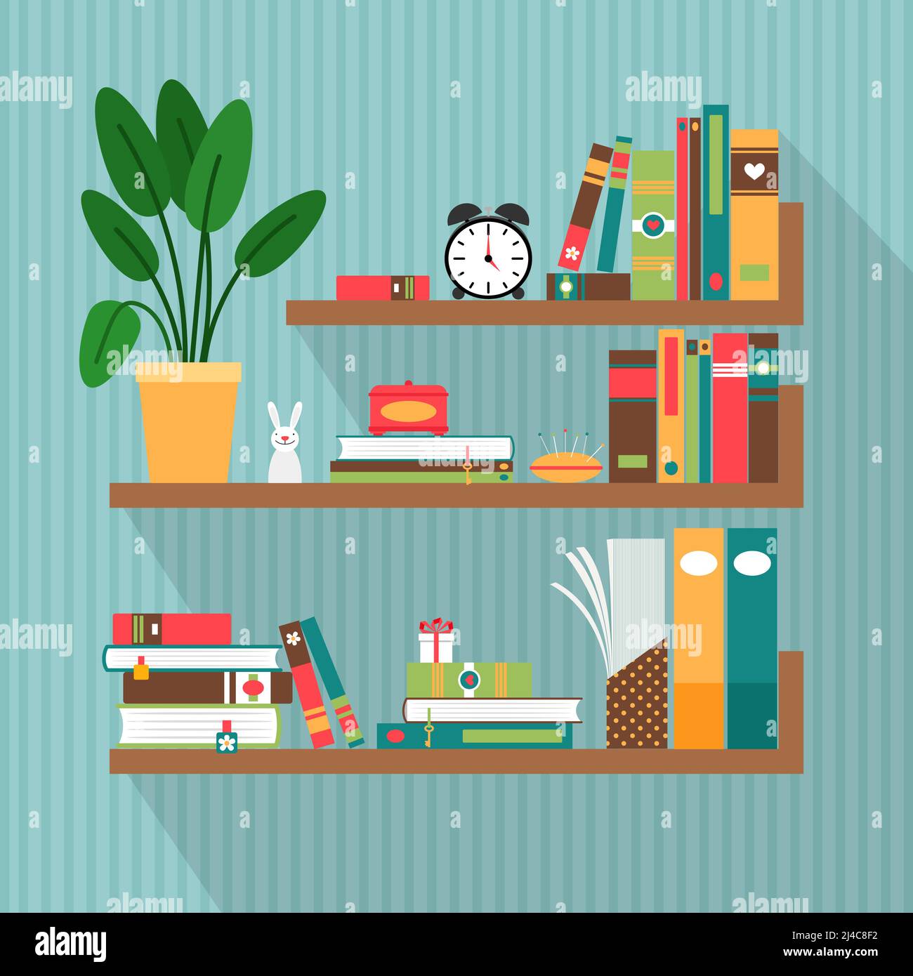 Vector books on bookshelves. Library and literature, interior and study ...