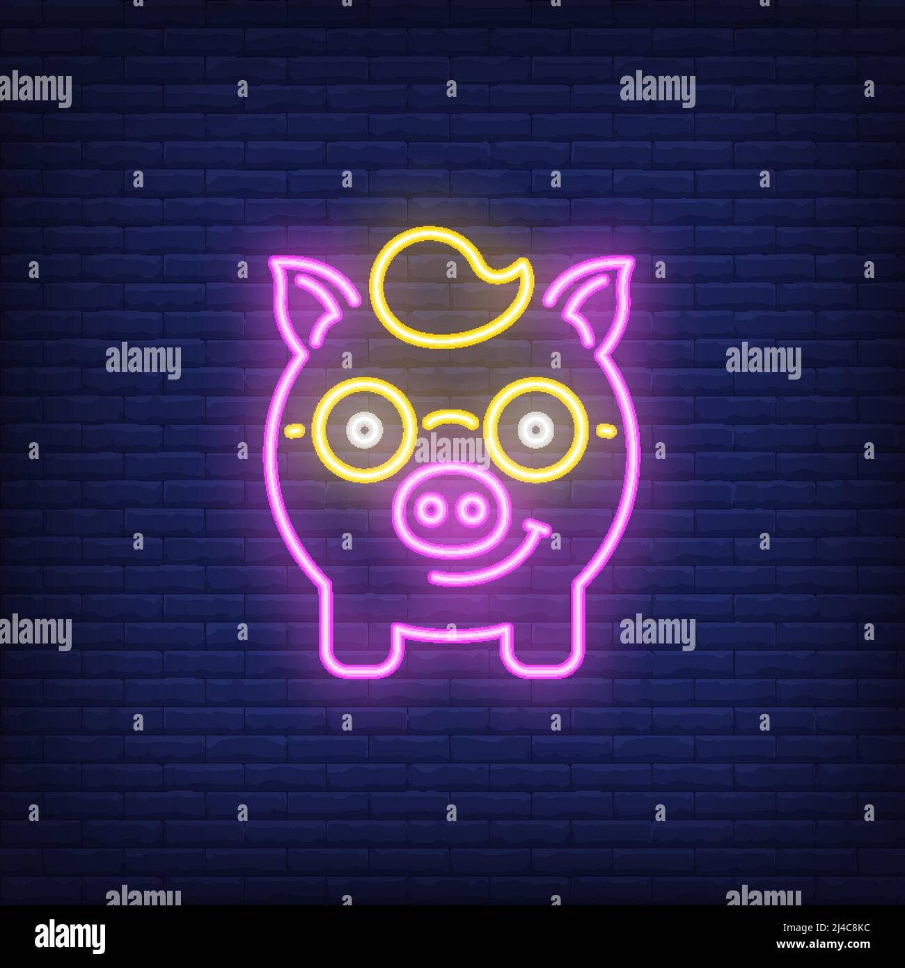 Neon icon of piggy nerd. Cute cartoon pig character with fringe in ...