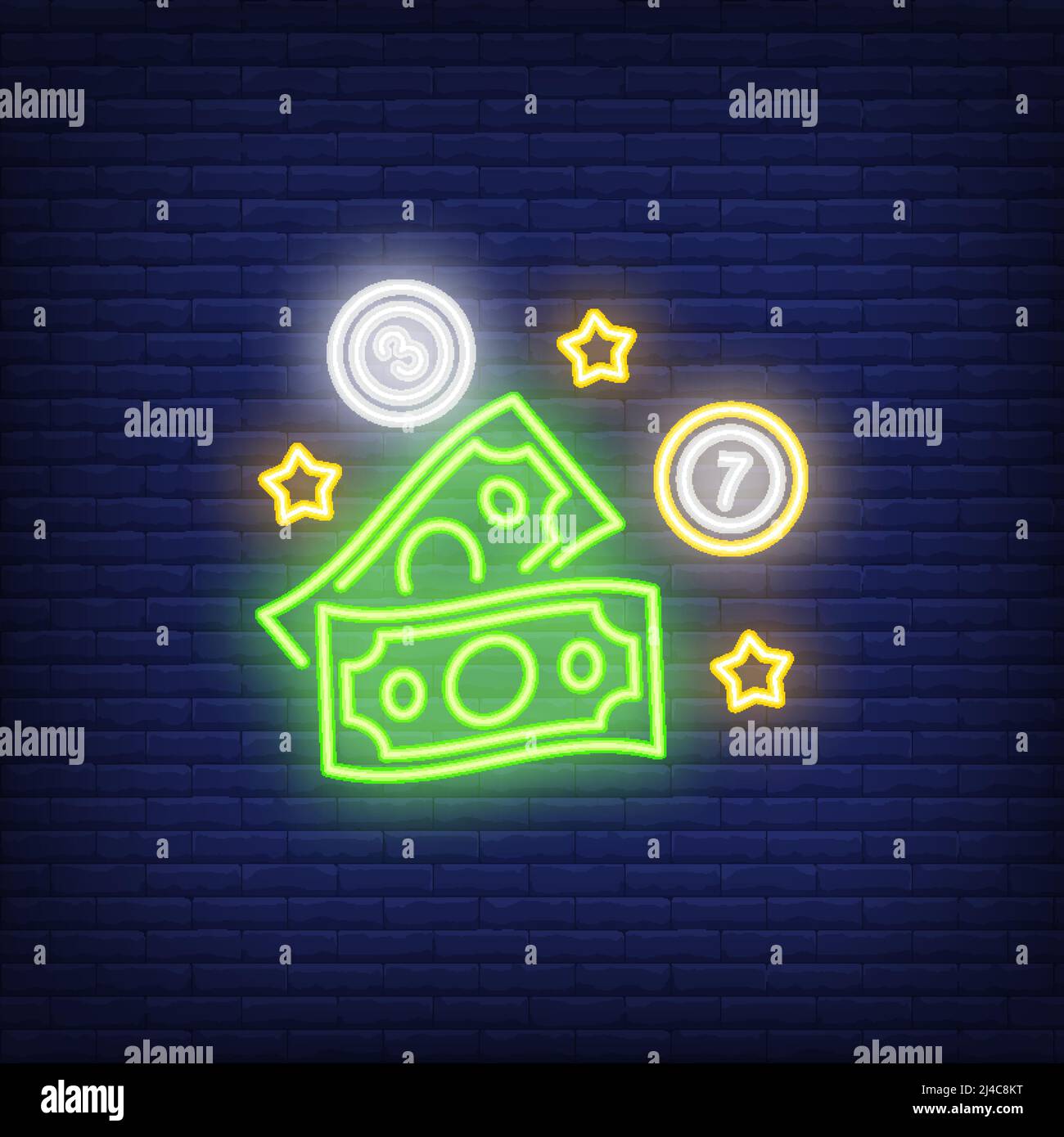 Neon icon of lottery prize. Money, balls and stars on brick wall ...