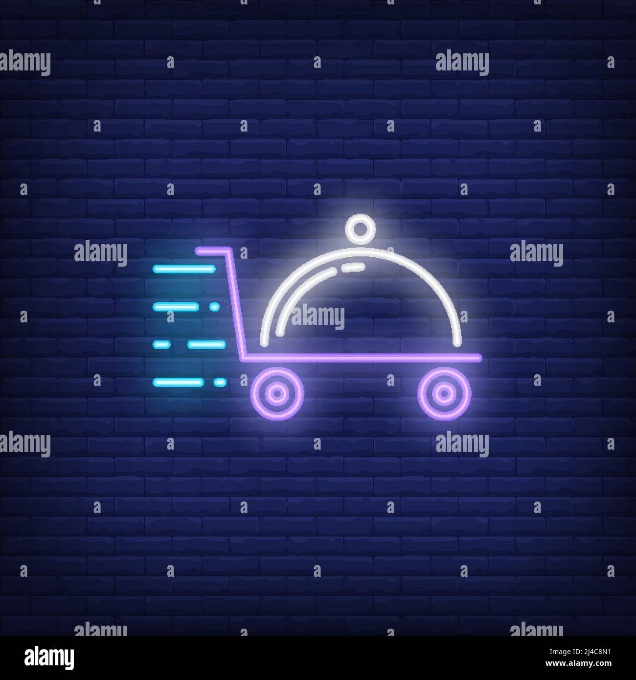 Neon icon of restaurant dish. Serving tray on cart in motion on brick ...