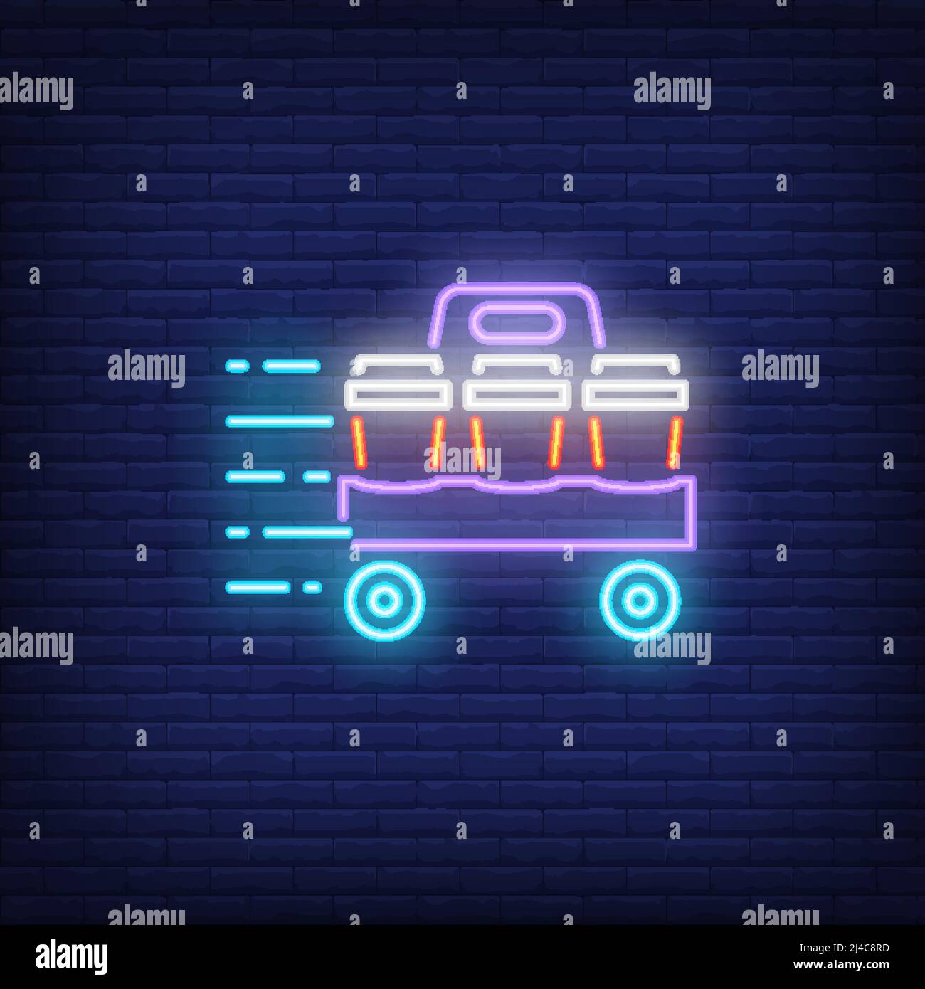 Neon icon of takeaway drinks. Carton cups on cart in motion on brick ...