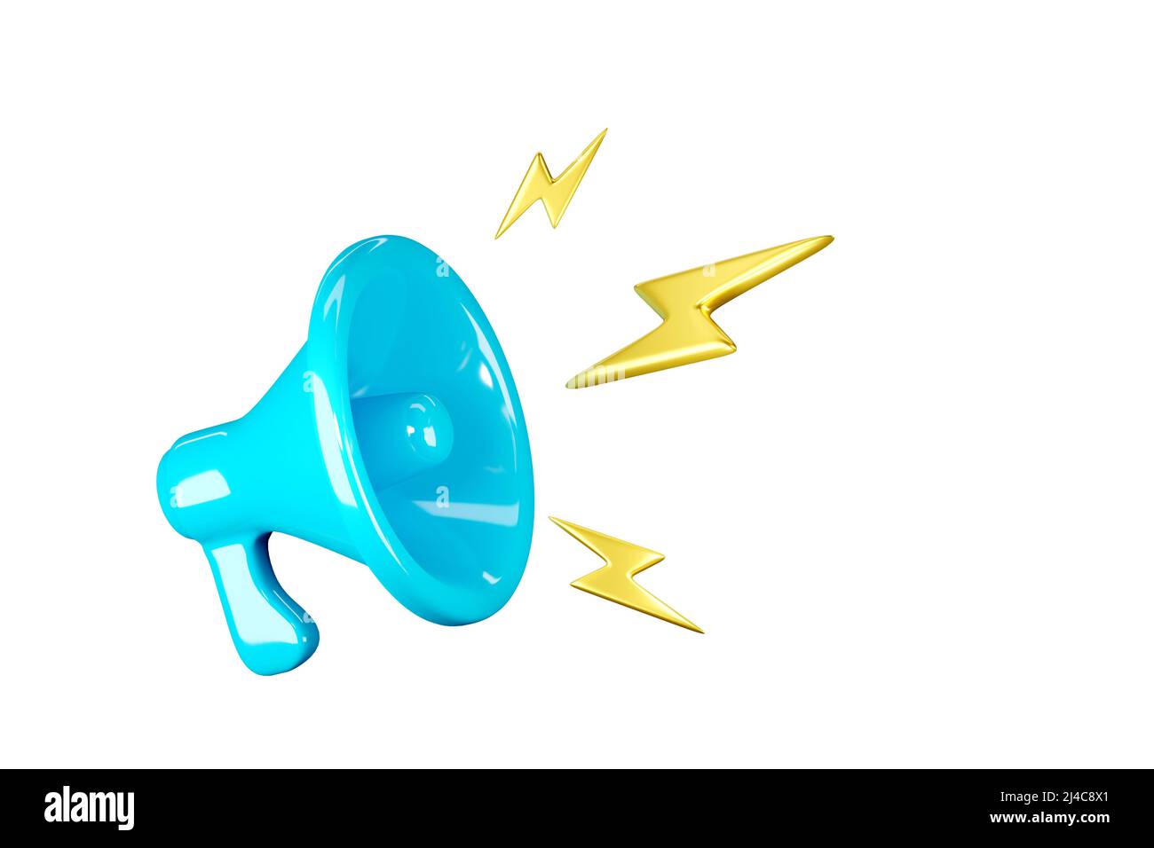 Blue megaphone with yellow lightnings isolated on white background ...