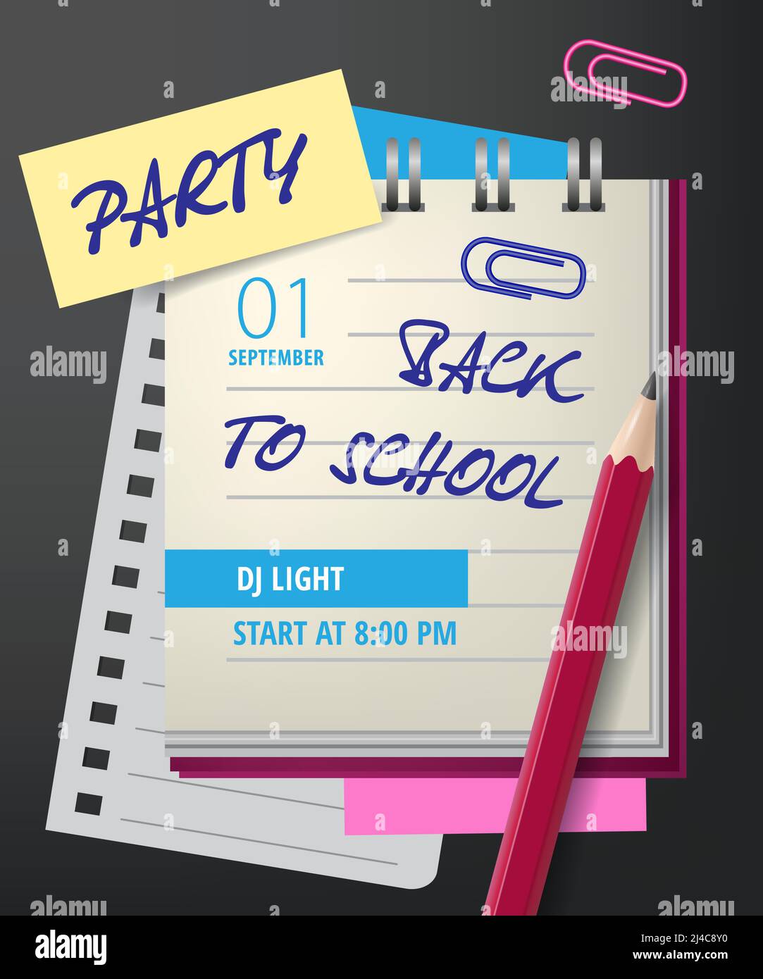 Party, back to school lettering with notebook and pencil. Invitation ...