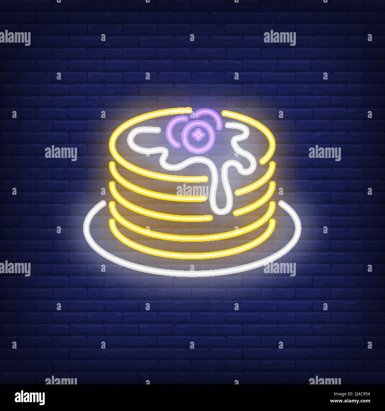 Pancakes stack with blueberries neon sign. Breakfast, morning concept ...