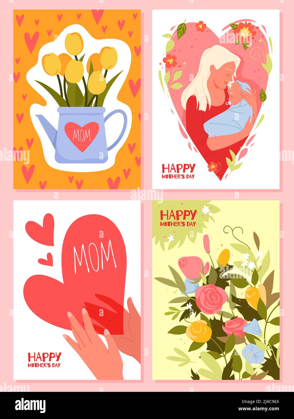 Happy Mothers day, cute greeting card set with text, floral gift ...