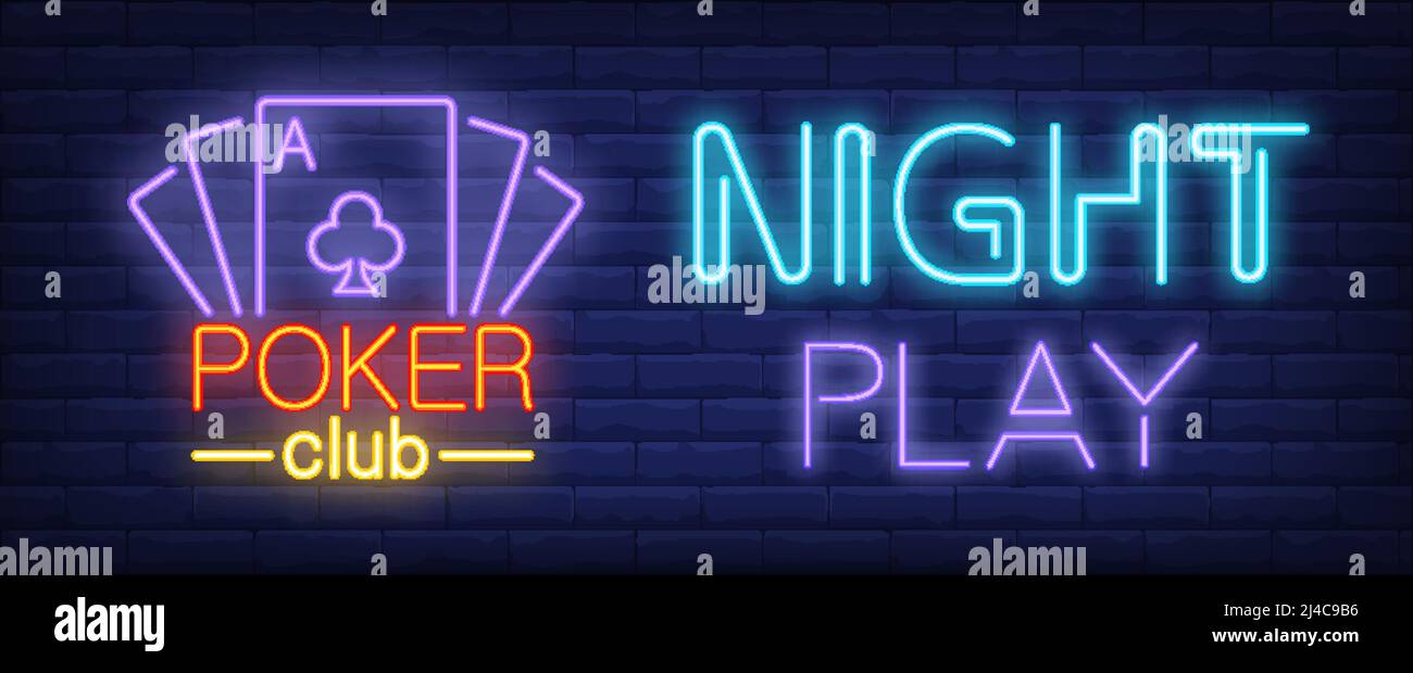 Night play, poker club neon sign. Playing cards on brick wall ...