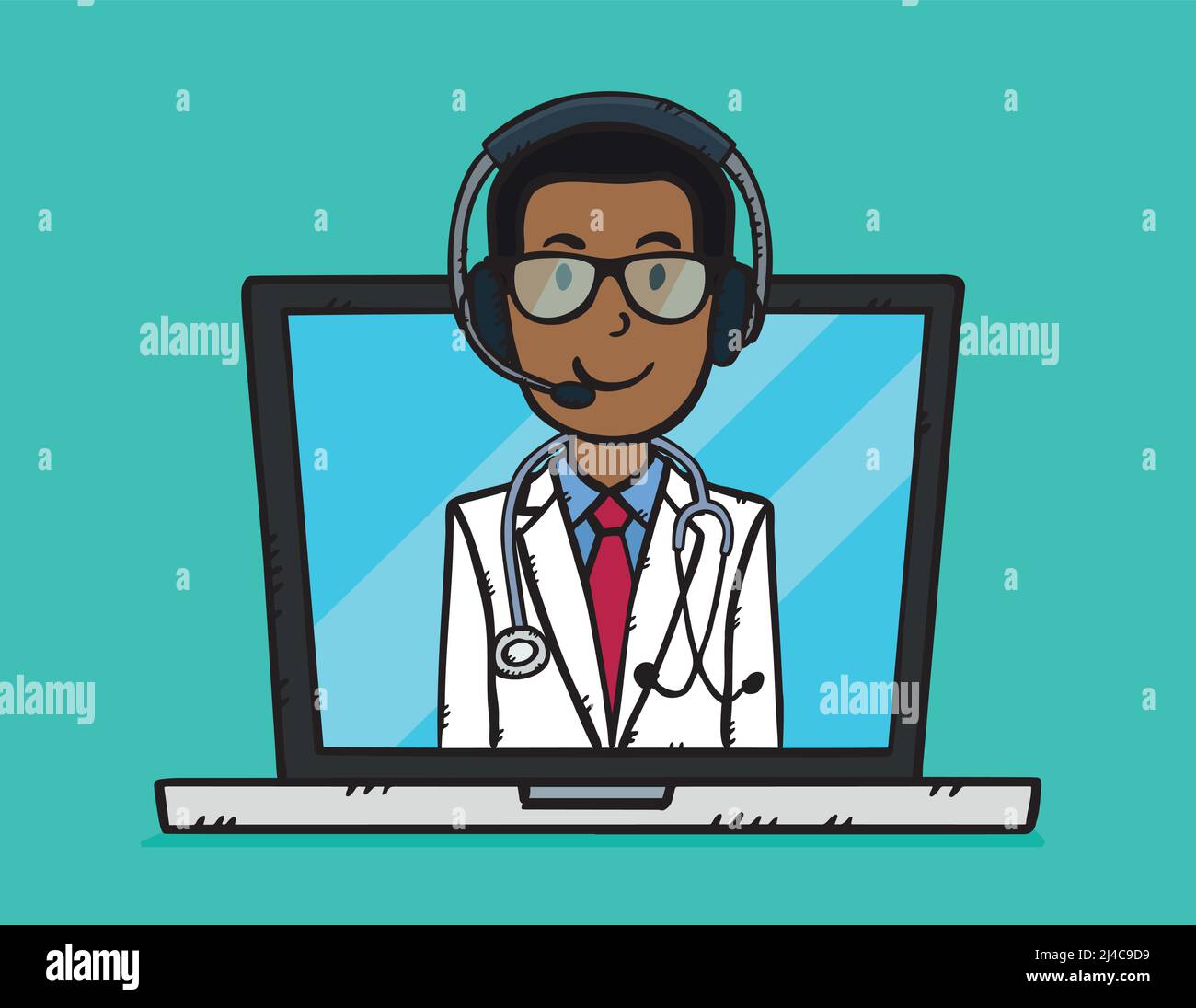 Cartoon vector illustration of video chat with doctor. Hand drawn ...