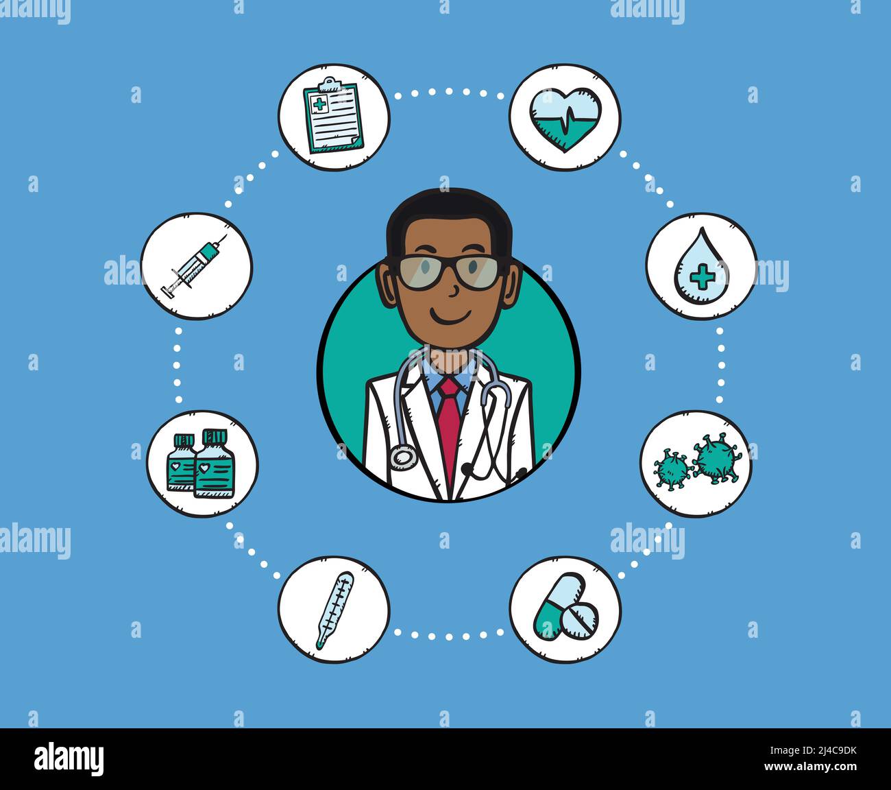 Cartoon vector illustration of doctor with medical icons around him ...