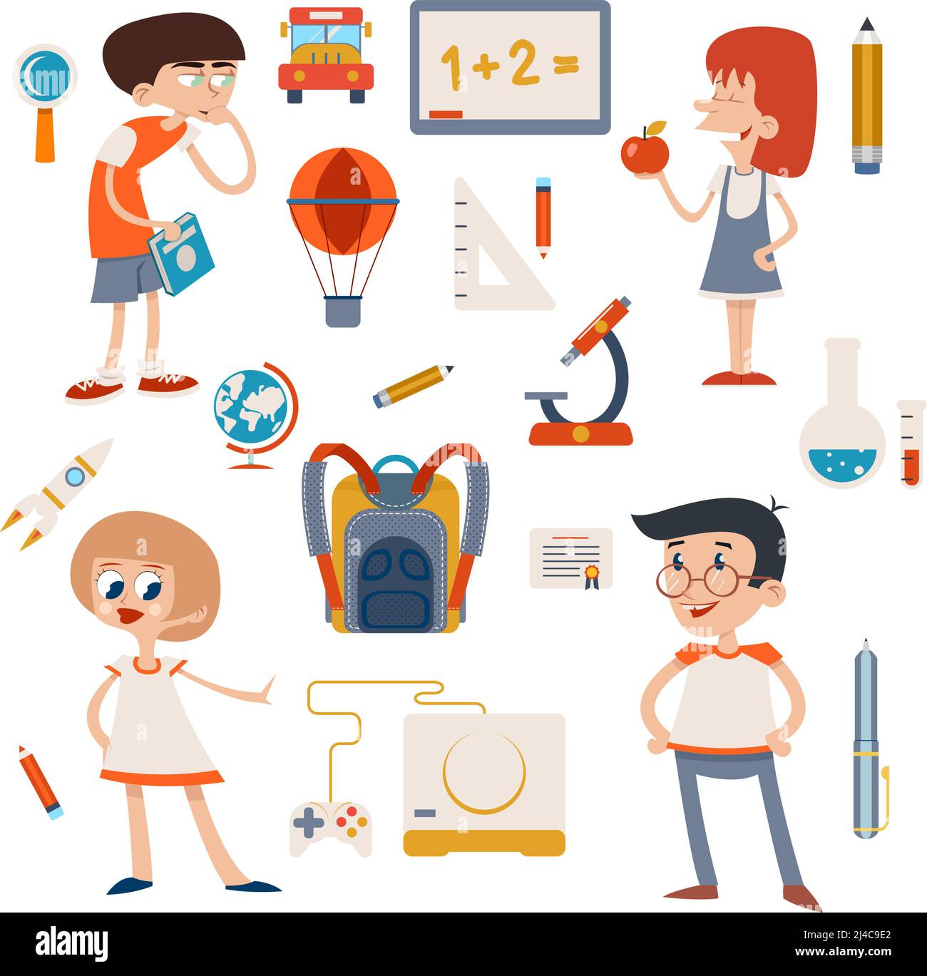 Cartoon School Retro Children Set Isolated on White Background Stock ...