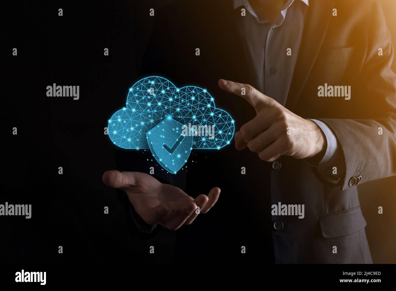 Cloud technology. Polygonal wireframe cloud storage sign with shield ...