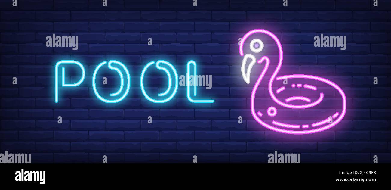 Pool neon text with swimming ring. Summer vacation and tourism concept ...