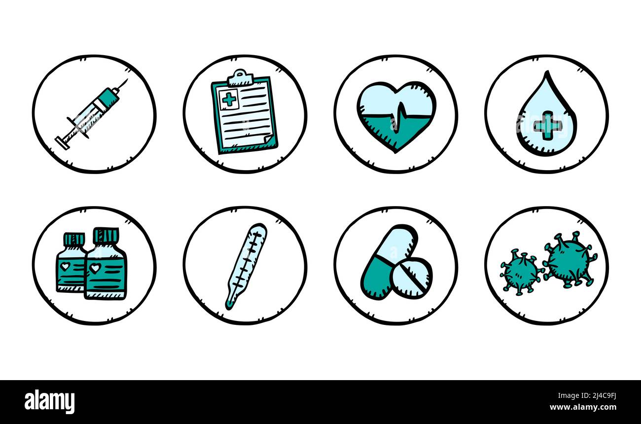 Colorful doodle icons set of healthcare. Hand drawn illustration Stock ...