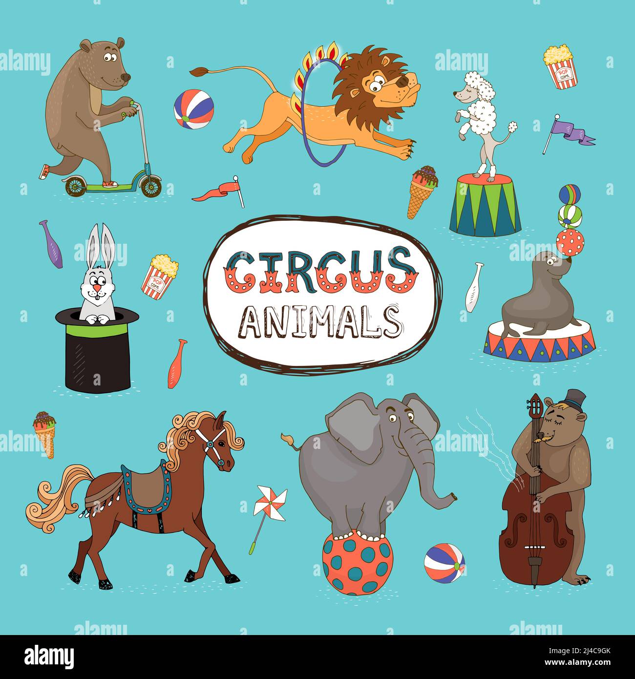 Vector set of colorful circus animals with a central frame with text ...